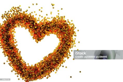 흰색 배경에 고립 된 반짝이는 스팽글 하트 로맨틱 모형 하트 오브 골드와 오렌지 스팽글발렌타인 데이 상징 황금 Beadsromance와 사랑으로 만든 심장 디자인 반짝이
