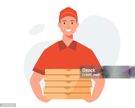 그의 손에 피자 상자와 행복 한 피자 배달 남자 음식 택배 벡터 일러스트 만화 플랫 스타일 나무 상자에 대한 스톡 벡터 아트 및 기타 이미지 Istock
