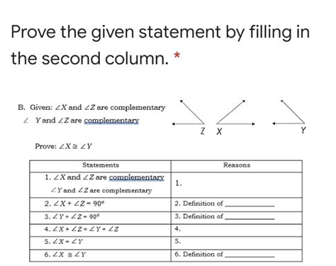 solved prove the given statement by filling in the second column b