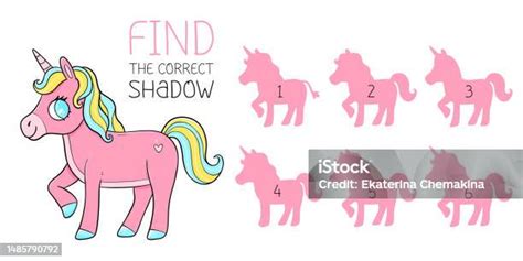 말 유니콘과 함께 올바른 그림자 게임을 찾으십시오 어린이를 위한 교육용 게임 귀여운 만화 유니콘 그림자 맞추기 게임 벡터