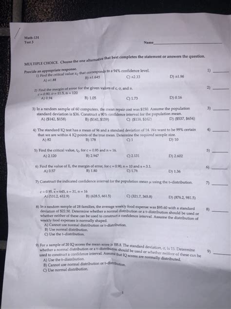 Solved Math 131 Test 3 Name That Best Completes The