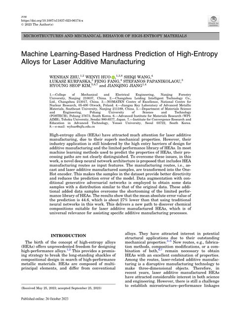 Pdf Machine Learning Based Hardness Prediction Of High Entropy Alloys For Laser Additive