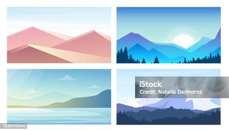 벡터 일러스트 레이 션 배너 풍경 산 전망 사막 해변 플랫 스타일에 파스텔 색상으로 설정합니다 산에 대한 스톡 벡터 아트 및 기타 이미지 Istock