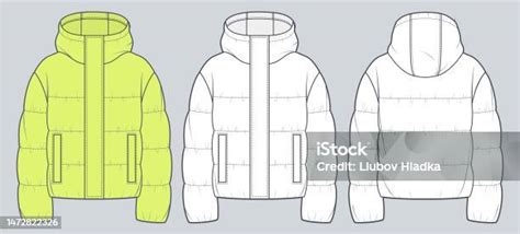 남녀 공용 퀼트 패딩 재킷 기술 패션 일러스트 후드 다운 재킷 기술 도면 템플릿 자르기 주머니 전면 및 후면보기 흰색 노란색 여성 남성 남녀 공용 Cad 모형 세트 패딩