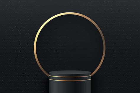 현대상수상추상 라운드 스테이지 블랙 골드 포디움과 골든 링 글리터 텍스처 벽 장면 3d 렌더링 기하학적 모양 블랙 컬러와 럭셔리 배경 벡터 렌더링 벡터 Eps10 검은색에