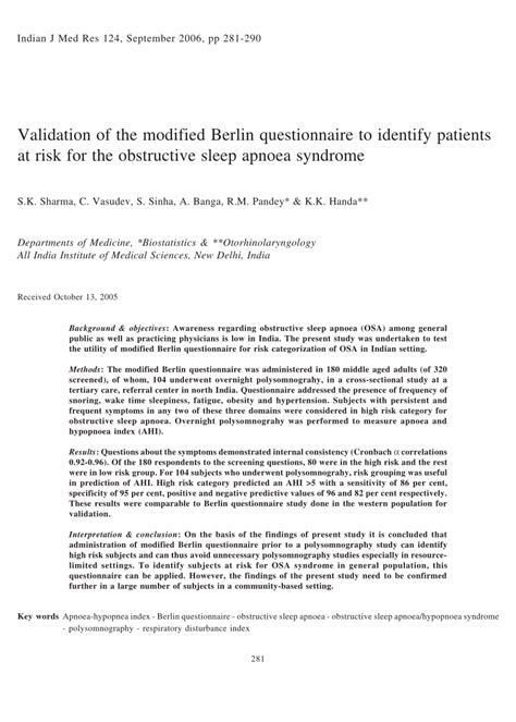 pdf validation of modified berlin questionnaire to identify patients at risk for obstructive