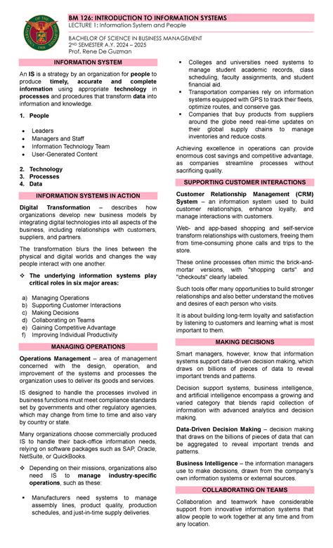 Lecture 1 Information System And People Bm 126 Introduction To