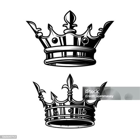 모노크롬 스타일의 킹 크라운의 일러스트 엠블럼 사인 포스터 티셔츠디자인 요소 벡터 일러스트레이션 문신에 대한 스톡 벡터 아트 및