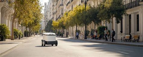 Autonomous Delivery Robot Navigating Urban Sidewalk During Sunny Daytime With Pedestrians