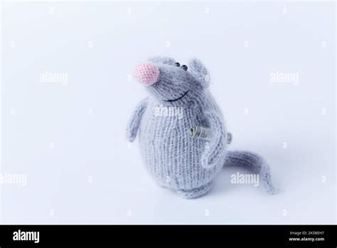 Knitted Toy A Plush Mouse Knitted From Threads With A Dollar Bill At