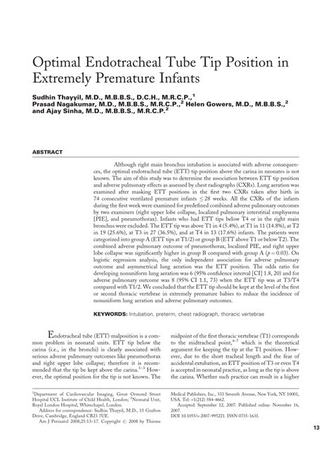 Pdf Optimal Endotracheal Tube Tip Position In Extremely Premature Infants