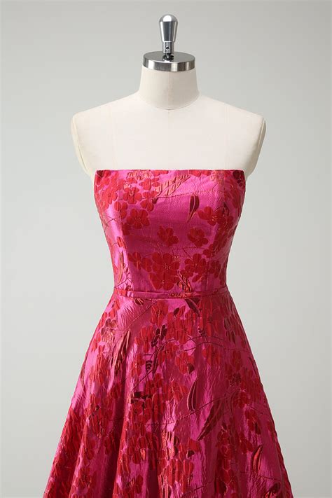 Zapaka Women Fuchsia Floral Strapless Formal Dress A Line Long Prom