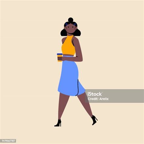 추상적 인 여성은 커피를 마신다 만화 캐릭터 캐주얼 천 귀여운 모델 스트리트 패션 벡터 격리된 일러스트 레이 션 여자에 대한