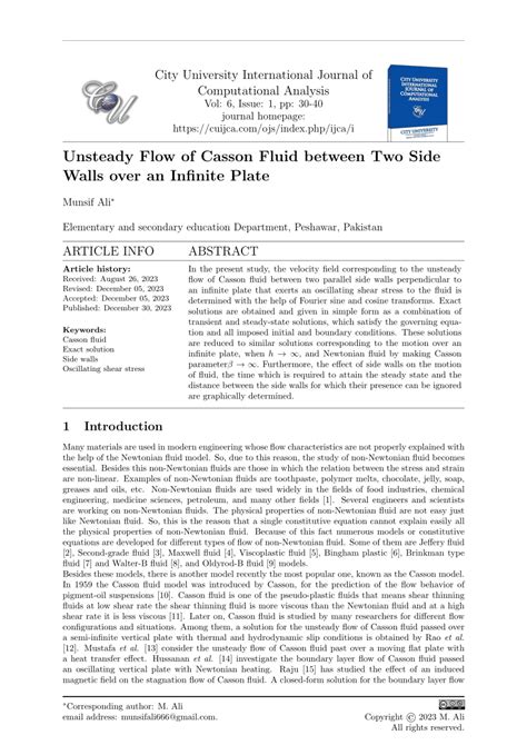 Pdf Unsteady Flow Of Casson Fluid Between Two Side Walls Over An Infinite Plate