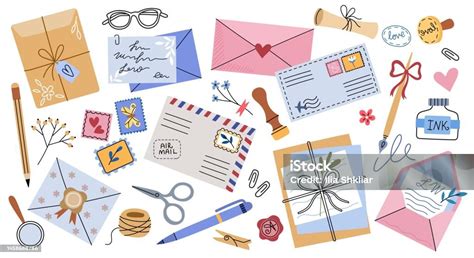 소인이 찍힌 장식 봉투 귀여운 종이 편지 엽서 문구 로맨틱 빈티지 메일 손 그리기 메시지 벡터 세트 0명에 대한 스톡 벡터 아트 및 기타 이미지 Istock