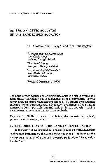 Pdf On The Analytic Solution Of The Lane Emden Equation