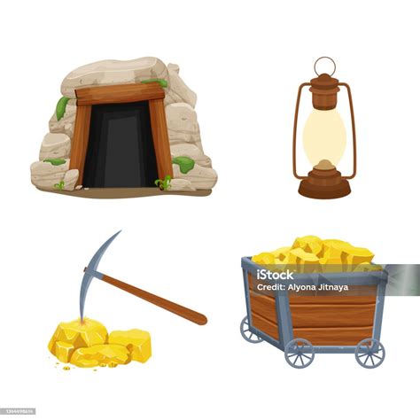흰색 배경에 고립 된 만화 스타일의 광산 도구 장비를 설정합니다 금 광석 터널 입구 복고풍 램프 곡괭이와 나무 카트 벡터 일러스트레이션 금 금속에 대한 스톡 벡터 아트 및