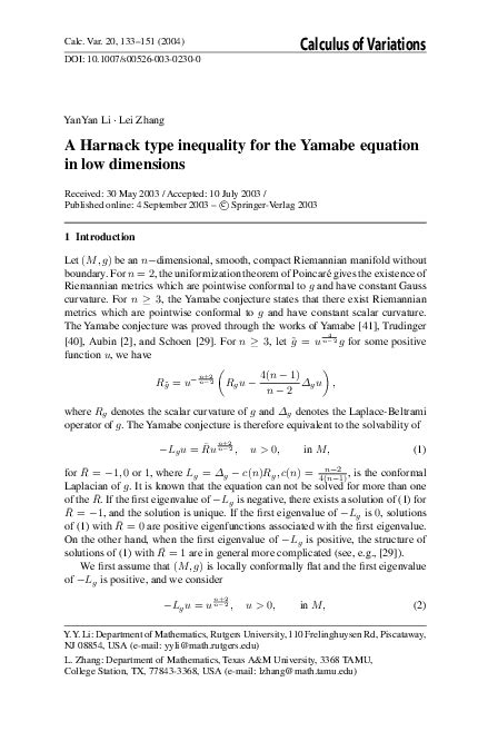 Pdf A Harnack Type Inequality For The Yamabe Equation In Low Dimensions