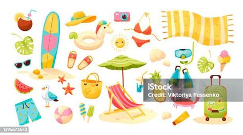 큰 여름 세트 귀여운 요소의 여름 세트 수영복 선글라스 우산이있는 일광욕 용 의자 수영 서클 모자 불가사리 과일 아이스크림 지느러미와 마스크 서핑 보드 만화 벡터 일러스트