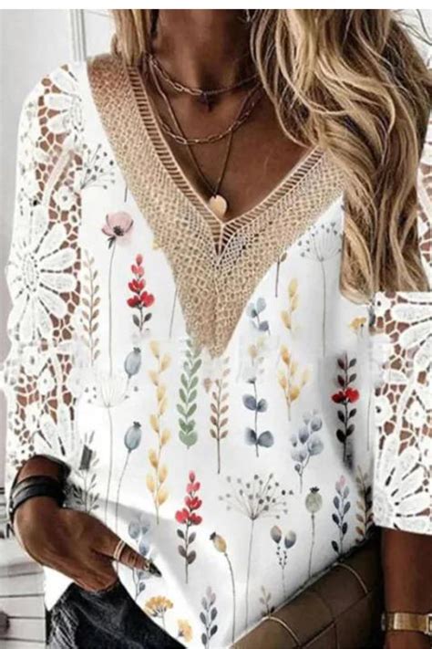 Fashion Floral Sexy Deep V Neck Embroidered Hollow Lace Blouses And Shirtst