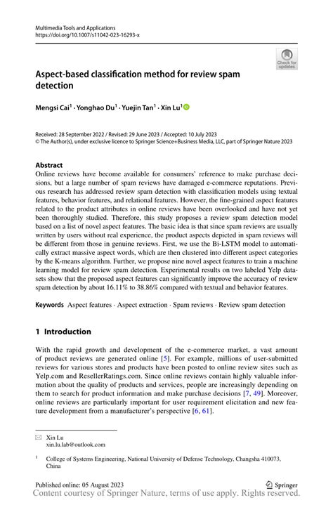 Aspect‑based Classifcation Method For Review Spam Detection Request Pdf