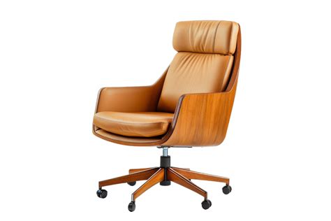Modern Brown Leather Office Chair With Wooden Base And Casters 49575886 Png
