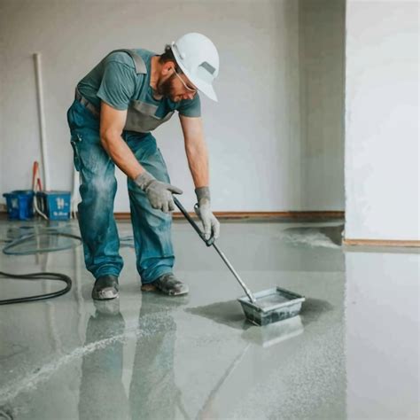 Premium Photo Floor Priming Process Worker Use Primer On Concrete Floor Before Laying Tiles