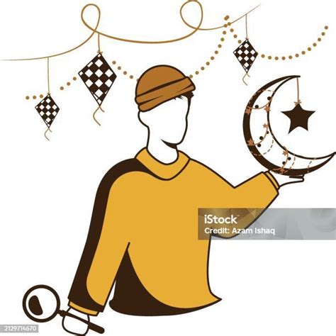 무슬림 소년 보유 초승달 와 돋보기 유리 개념 상징적 달 관찰 의식 벡터 디자인 Eid Al Adha Eid Ul Kabir 상징 Hajj 표시 이슬람교도 종교적인 이브