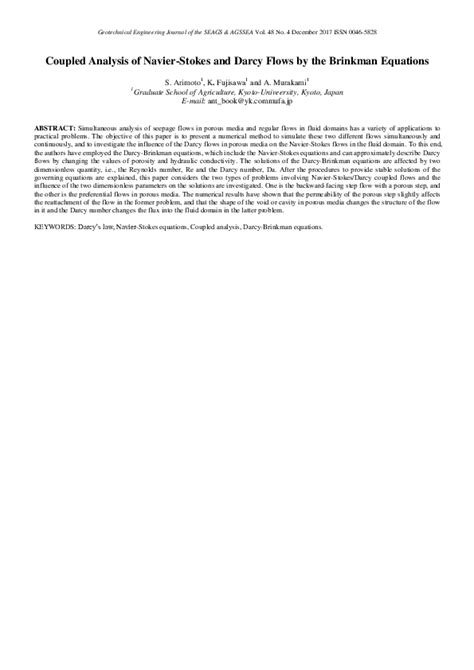 Pdf Coupled Analysis Of Navier Stokes And Darcy Flows By The Brinkman Equations
