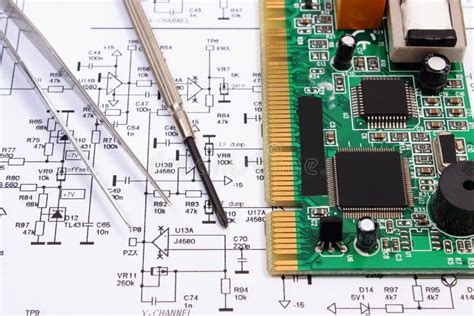 Printed Circuit Board And Precision Tools On Diagram Of Electronics Technology Stock Image