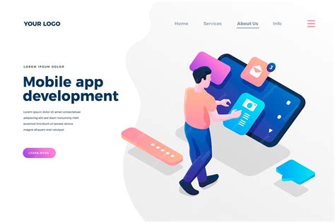 Premium Vector Mobile App Development Isometric Landing Page Template Male Programmer Engineer