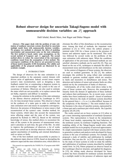 Pdf Robust Observer Design For Uncertain Takagi Sugeno Model With Unmeasurable Decision