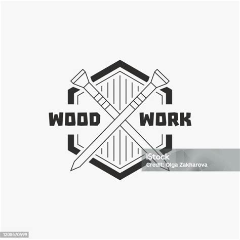 나무 작업장 선형 로고 벡터 템플릿입니다 목공 윤곽 선 아이콘이 있는 조인 점포 로고 타입 디자인 전문 목공 워크샵 엠블럼 타이포그래피와 교차 손톱 얇은 라인 그림 개념에