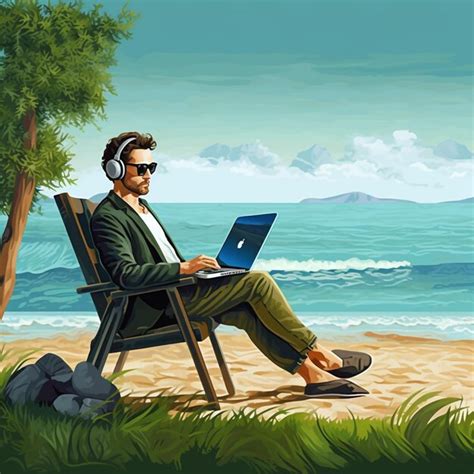 Premium Ai Image A Man Sits In A Chair On A Beach With A Laptop Working Ai Generated