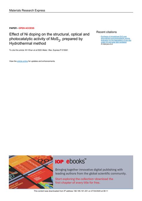 Pdf Effect Of Ni Doping On The Structural Optical And Photocatalytic