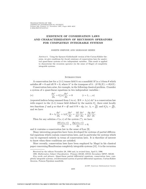 Pdf Existence Of Conservation Laws And Characterization Of Recursion