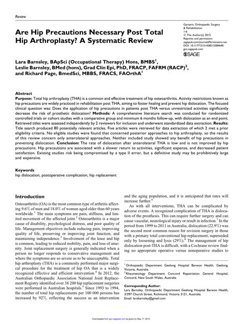 Pdf Are Hip Precautions Necessary Post Total Hip Arthroplasty A Systematic Review