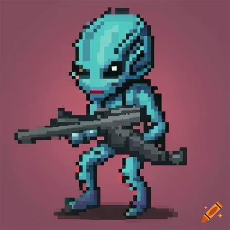 Pixel Art Of An Alien Aiming With A Rifle