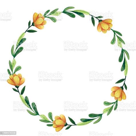 귀여운 봄 꽃 화환 구아슈 그림 노란 꽃과 녹색 잎 우아함 귀여운 꽃 프레임 여름 꽃다발 서클 프레임 일러스트레이션의 만화 스타일 손으로 그린 그림 0명에 대한 스톡 벡터