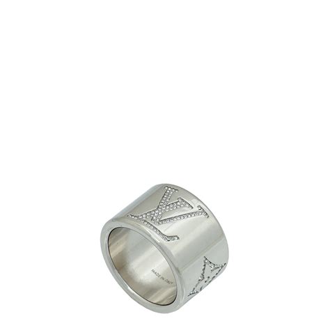 Louis Vuitton Silver Monogram Strass Crystal Wide Large Mens Ring 64