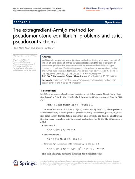 Pdf The Extragradient Armijo Method For Pseudomonotone Equilibrium