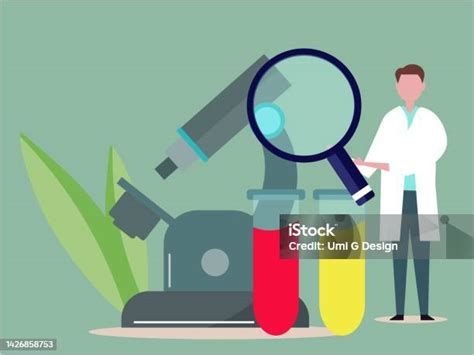 실험실에서 일하는 남자 화학 연구 현미경 및 비이커 흰 코트를 입은 학생 벡터 일러스트 레이 션 개발에 대한 스톡 벡터 아트 및