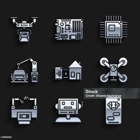 스마트 홈 로봇 봇 액션 카메라 조립 라인 산업 기계 로봇 팔 손 프로세서 마이크로 회로 Cpu 및 배달 개념 아이콘으로 비행