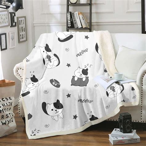 Cat Fleece Blanket Black White Cats Glitter Stars Throw Fuzzy Blanket