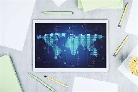 현대 디지털 태블릿 화면 국제 무역 개념 상위 뷰 3d 렌더링에 추상적인 창조적인 세계 지도 프리미엄 사진