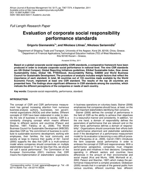 Pdf Evaluation Of Corporate Social Responsibility Performance Standards