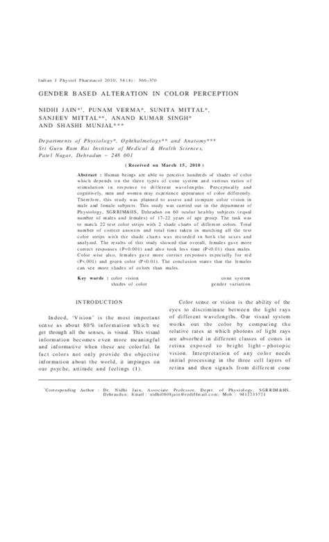 Pdf Gender Based Alteration In Color Perception