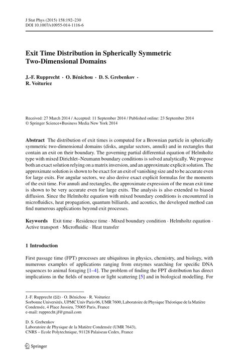 Pdf Exit Time Distribution In Spherically Symmetric Two Dimensional Domains