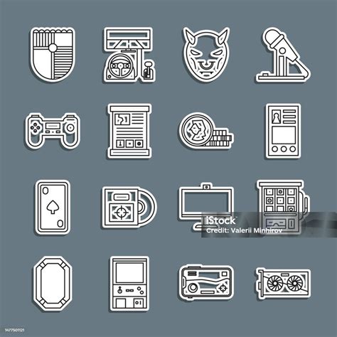 라인 비디오 그래픽 카드 슬롯 머신 계정 화면 만들기 뿔이있는 악마의 마스크 게임 가이드 게임 패드 게임 방패 및 동전 아이콘을 설정합니다 벡터 0명에 대한 스톡 벡터 아트