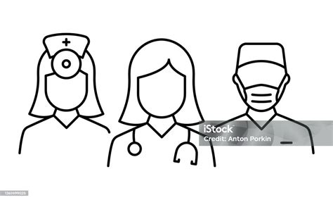 메딕 전문 의사 라인 아이콘의 팀 남성과 여성 의사 전문가 이비인후과 의사 및 외과 의사 선형 Pictogram 어시스턴트 및 간호사 개요 아이콘 격리된 벡터 일러스트레이션